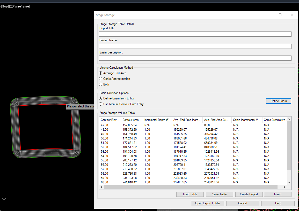 Stage storage elevation table - contour elevation shown are constant ...