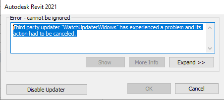 Error "Third party updater "WatchUpdaterWidows" has experienced a problem and its action had to ...