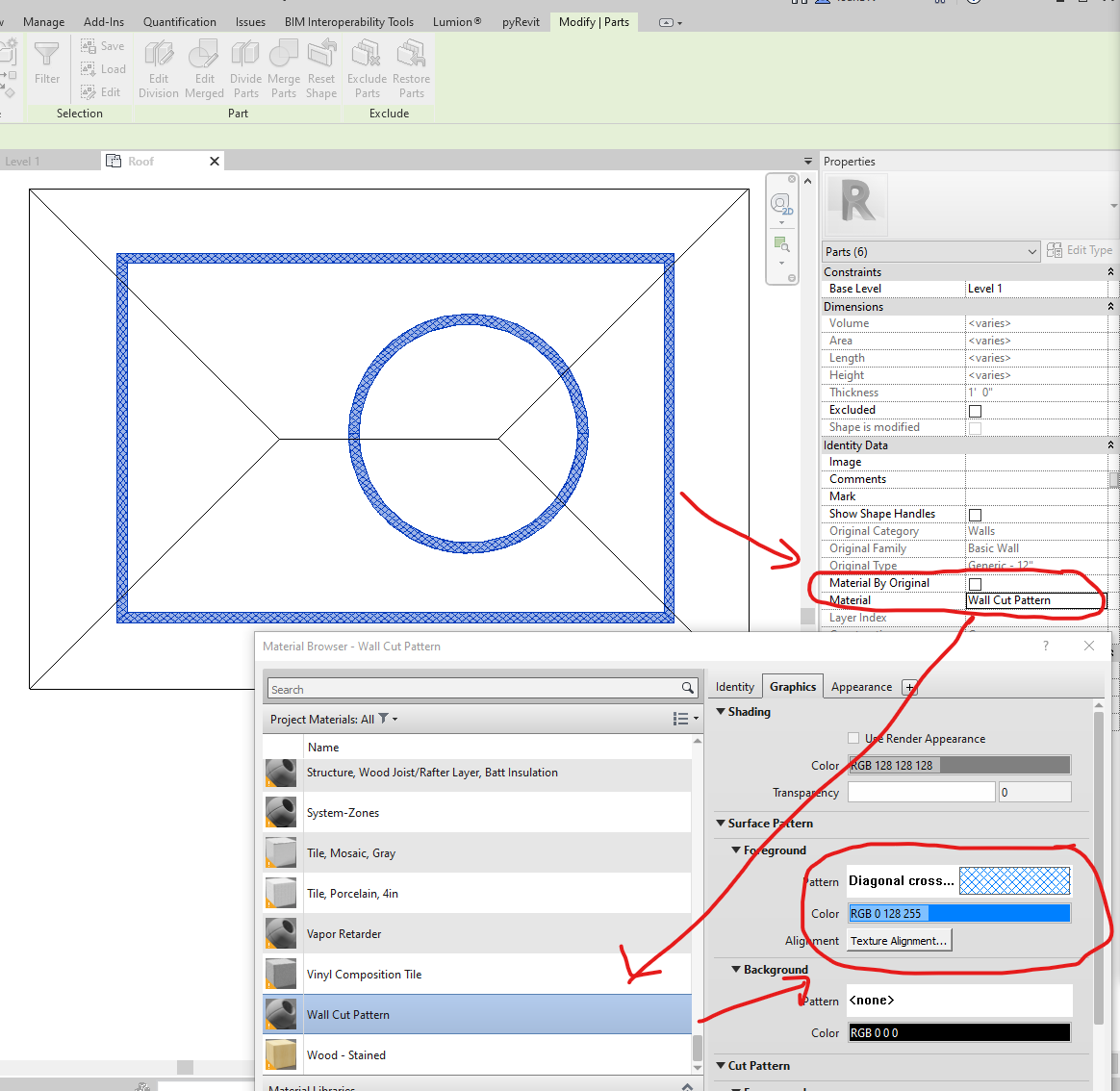 Wall cut pattern doesnt show on transparent roof - Autodesk Community