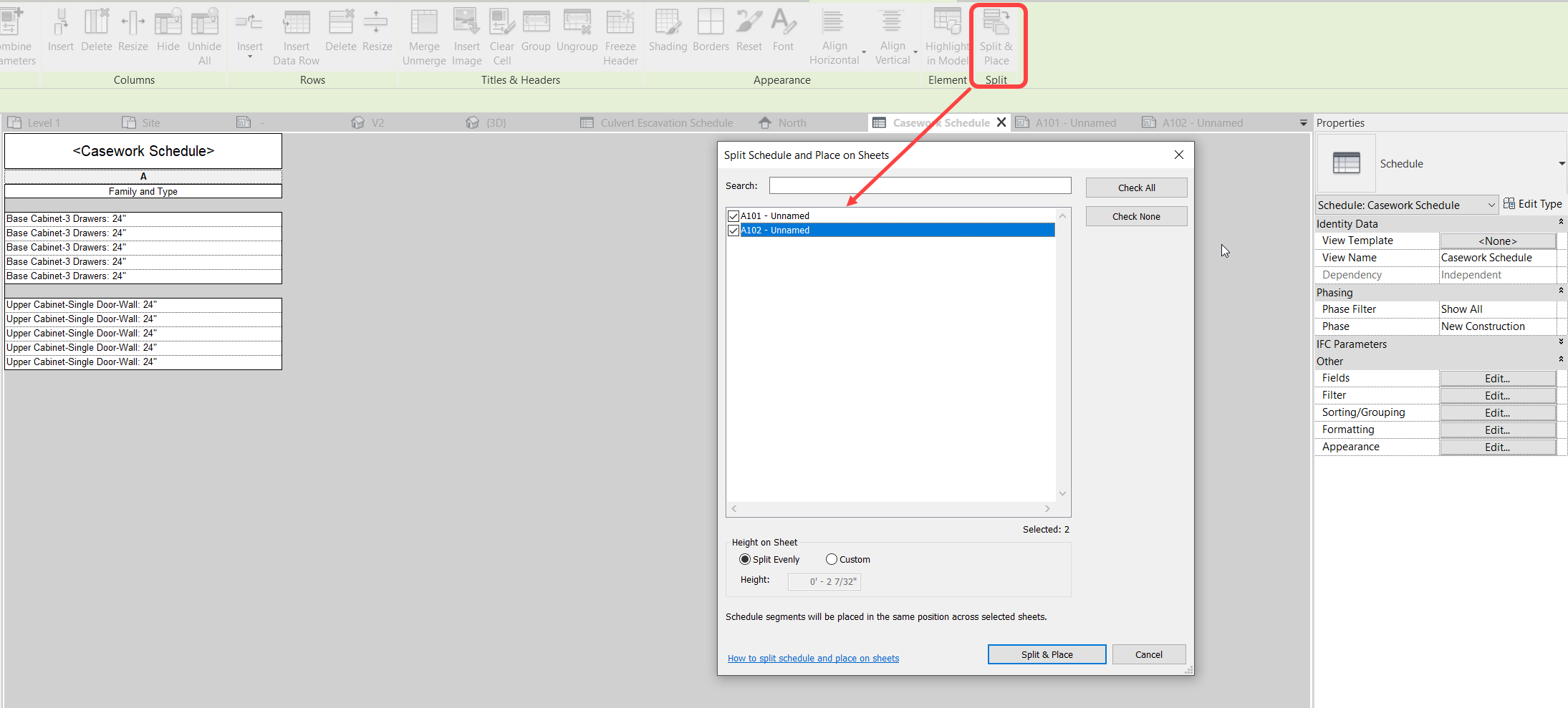 How do you split a Casework schedule between families? - Autodesk Community