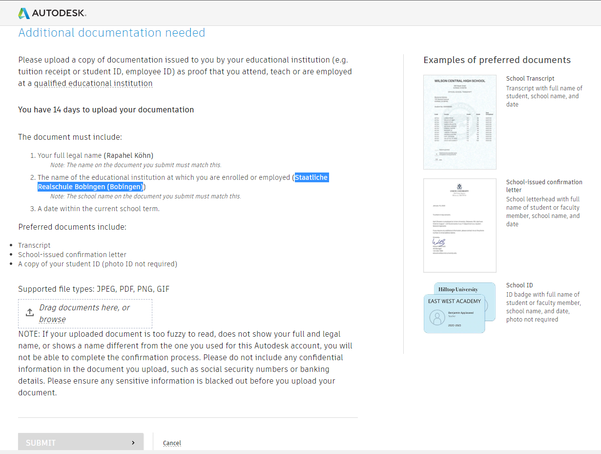 Stuck at "Additional documentation needed" screen with the wrong school name. - Autodesk Community