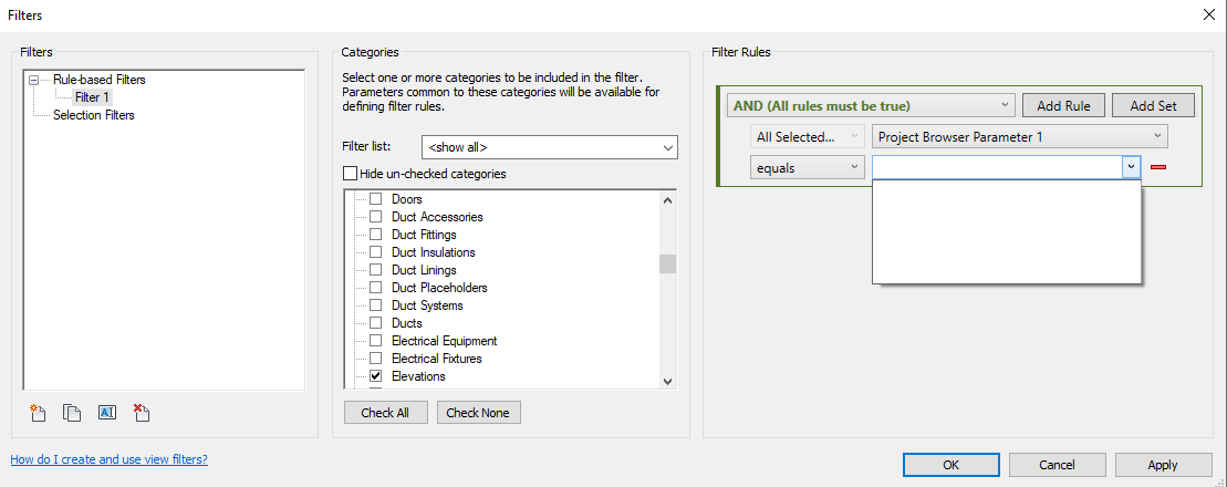 Automatic selection of values for all parameter in Revit filter drop ...