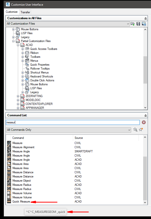 Solved: Can't find specific type of MEASUREGEOM in CUI - Autodesk Community