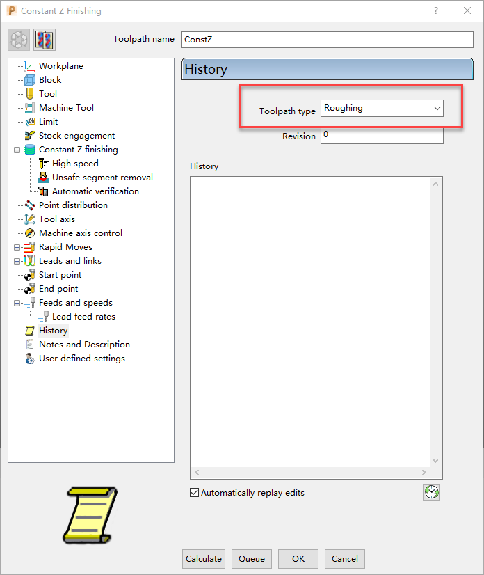 How can I save the ConstantZ finishing 'ToolpatyType' as Roughing to ...