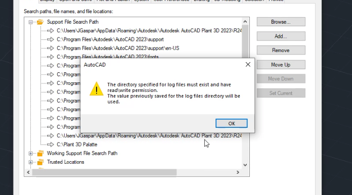 Error : Directory specified for log files must exist and have read/write permission - Autodesk ...