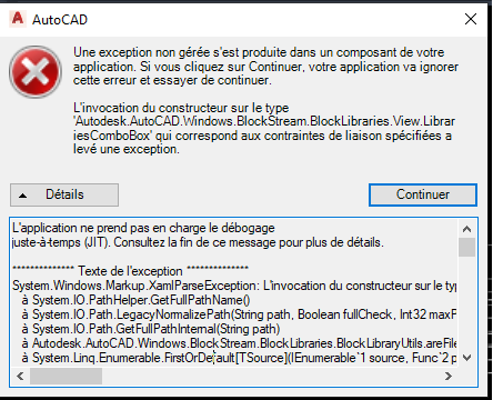 Résolu : commande "inserer" qui plante autocad et erreur fatale ...