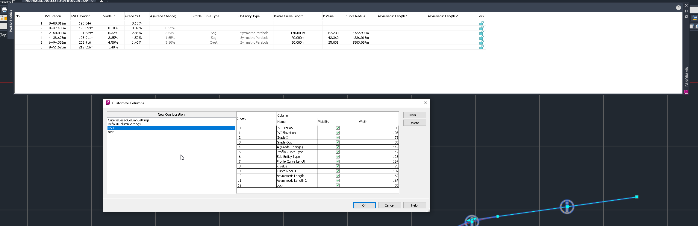 SSD & PSD (Stopping Sight Distance & Passing Sight Distance) data note showing in profile label ...