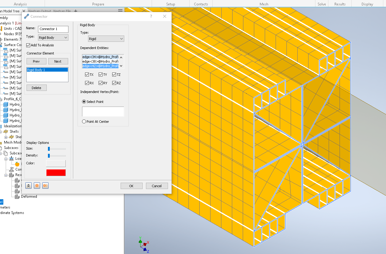 Solved: Rigid body of end of beam with centerpoint created, cable added to this point in ...