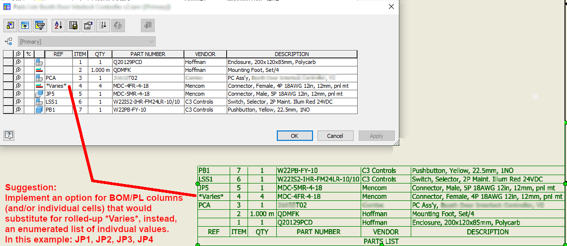 BOM-Parts List option to replace *Varies* with enumerated list of values, e.g. Instance Property ...