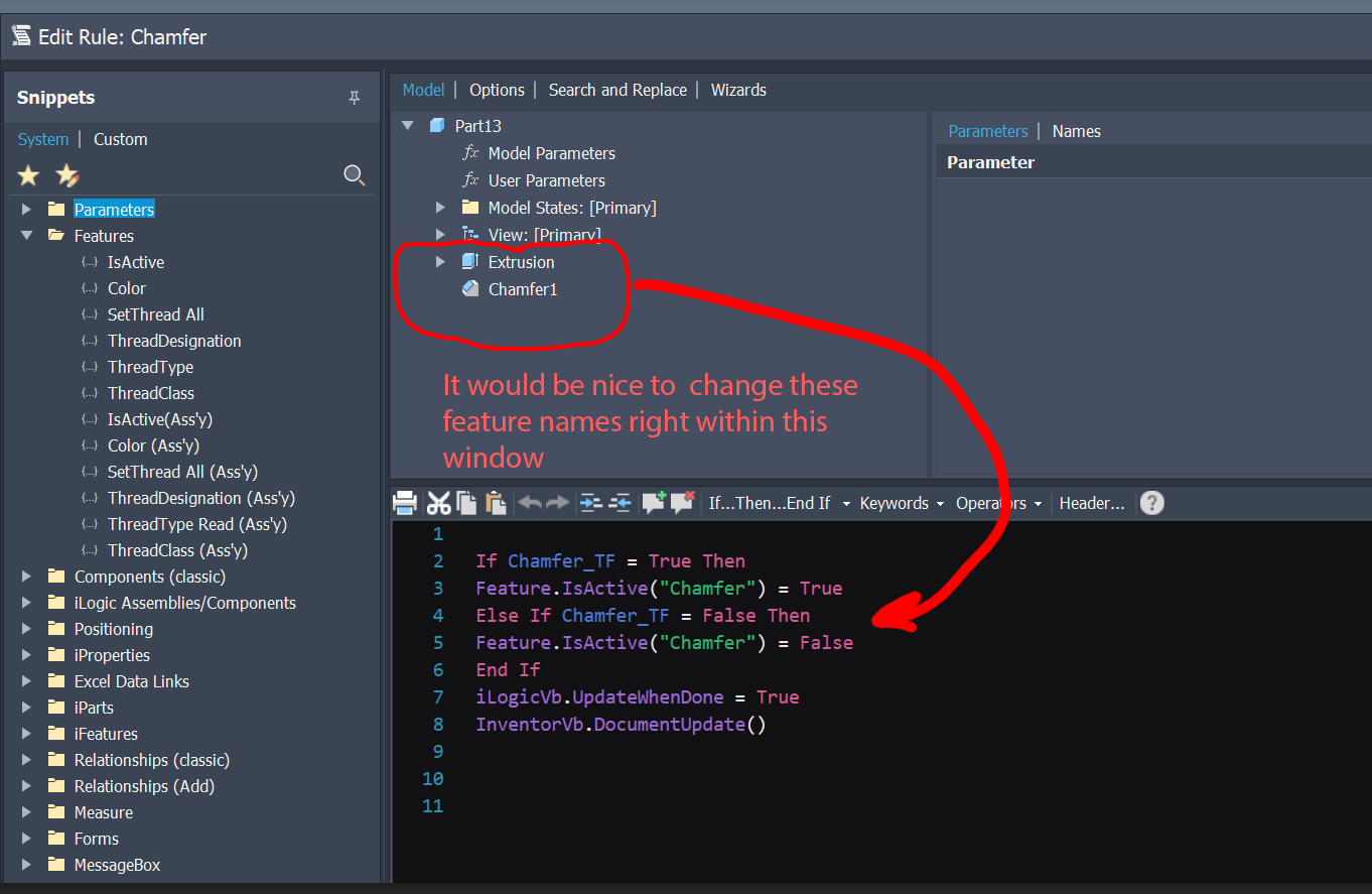 The ability to change features in the model tree from inside of the iLogic Rule - Autodesk Community