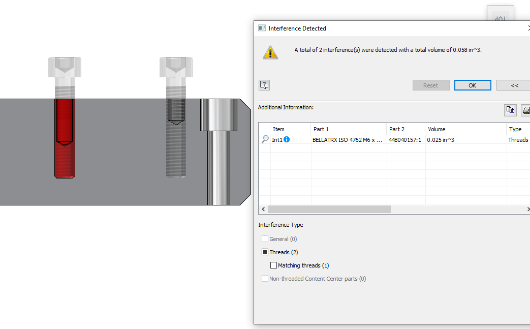 Interference Analysis, "full depth" threaded holes not showing proper results - Autodesk Community