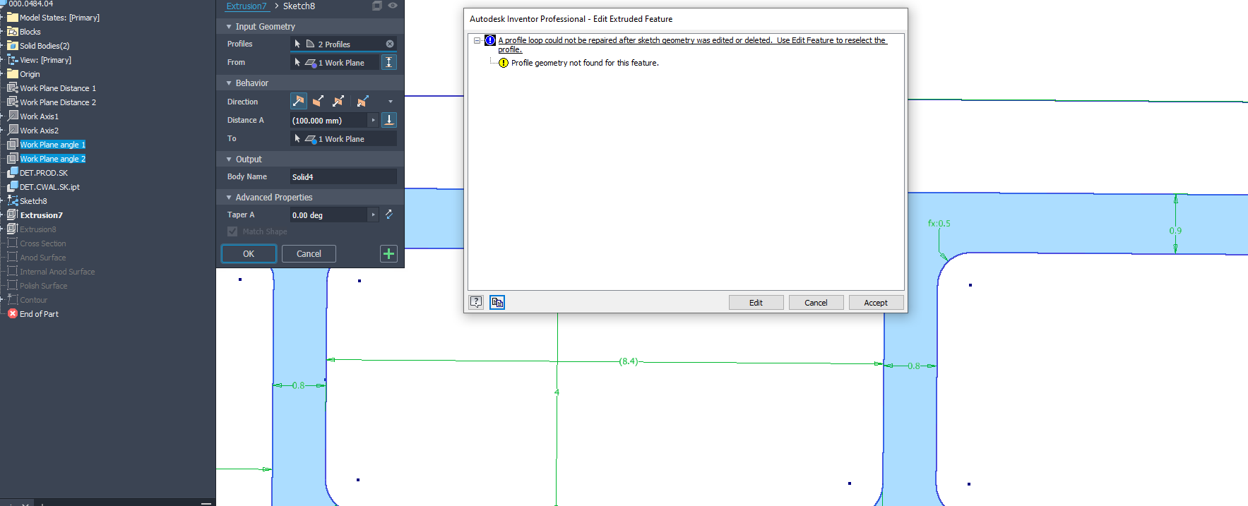 A profile loop could not be repaired after sketch geometry was edited ...