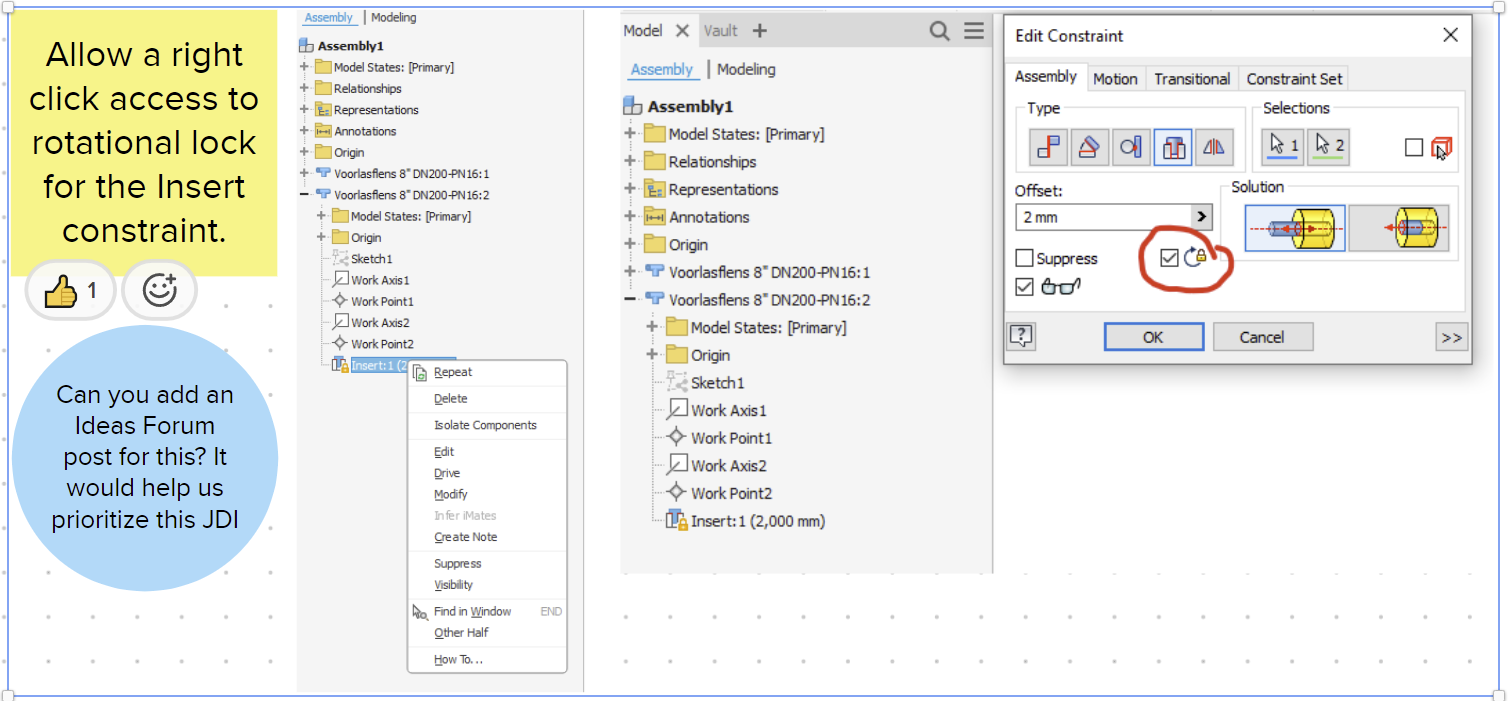 Right click access to rotational lock on Insert constraints. - Autodesk Community