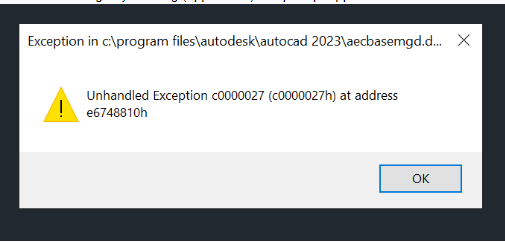 Unhandled exception c0000027 in Civil 3D 2023 - Autodesk Community