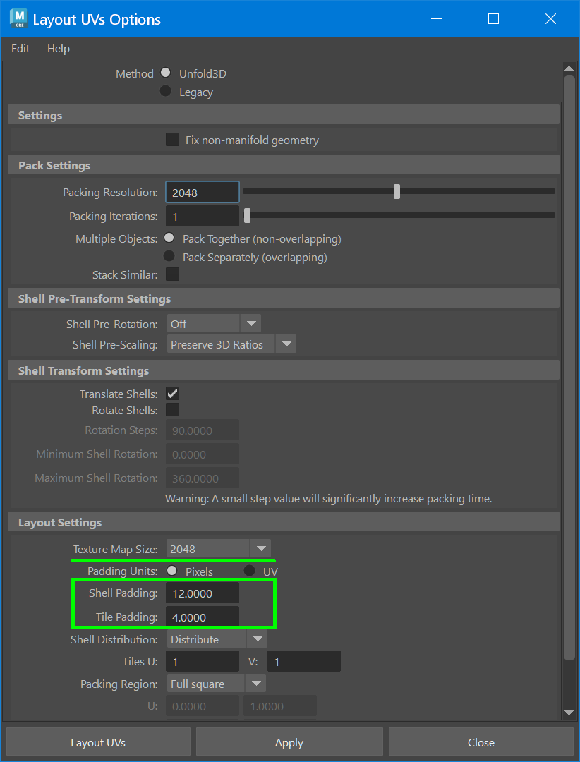 About the layout UV options, How do I find out just the fine values for the shell padding and ...