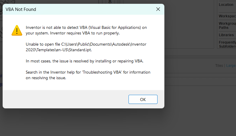 Inventor is not able to detect VBA on your system version 2020 - Autodesk Community