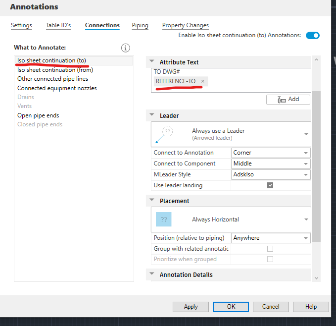 How to add custom attribute property in iso sheet continuation (to) & (from) for iso annotation ...