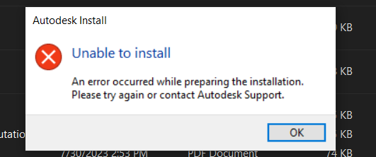 "An error occurred while preparing the installation. Please try again or contact Autodesk ...