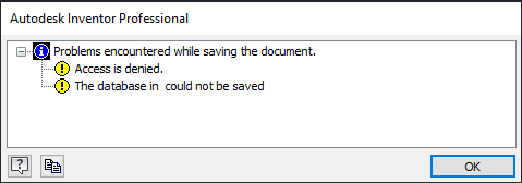 Problems encountered while saving the document. Access is denied. The database in could not be ...