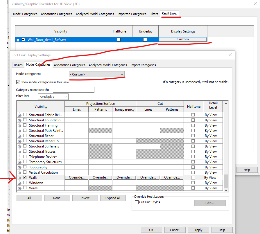 Show only specified wall from linked files in hosted view - Autodesk Community