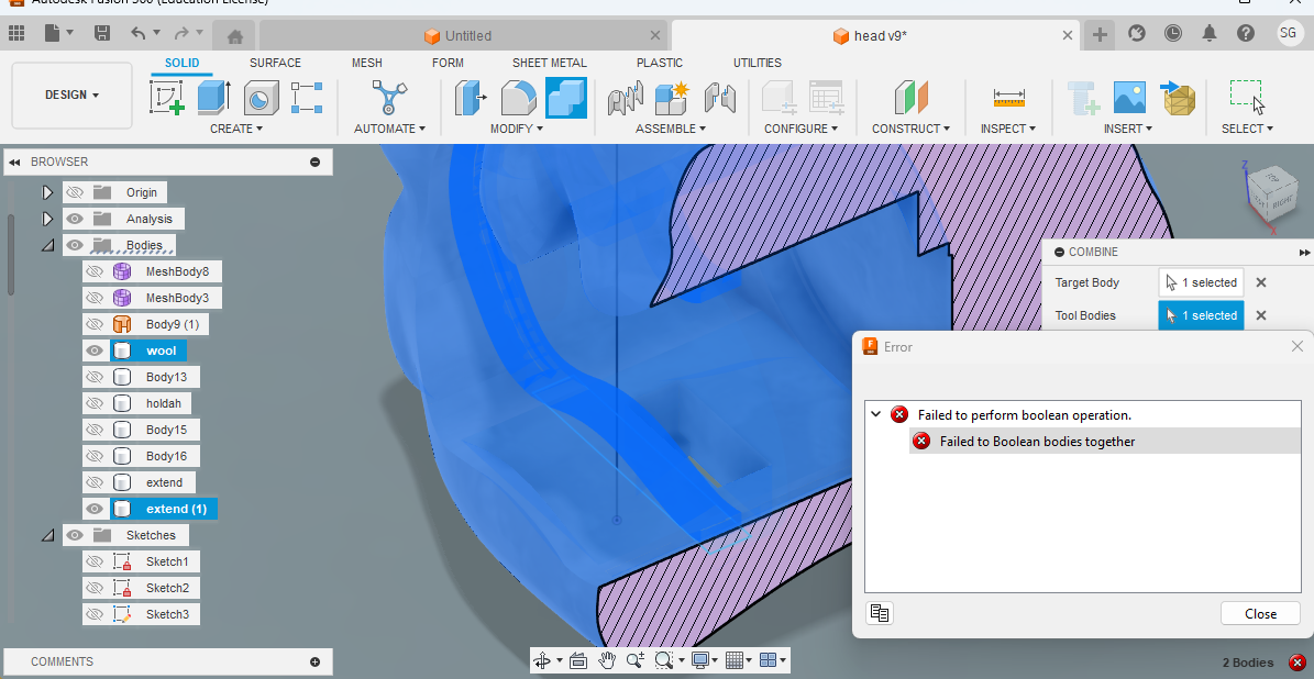 Failed to boolean bodies (with no additional error) - Autodesk Community