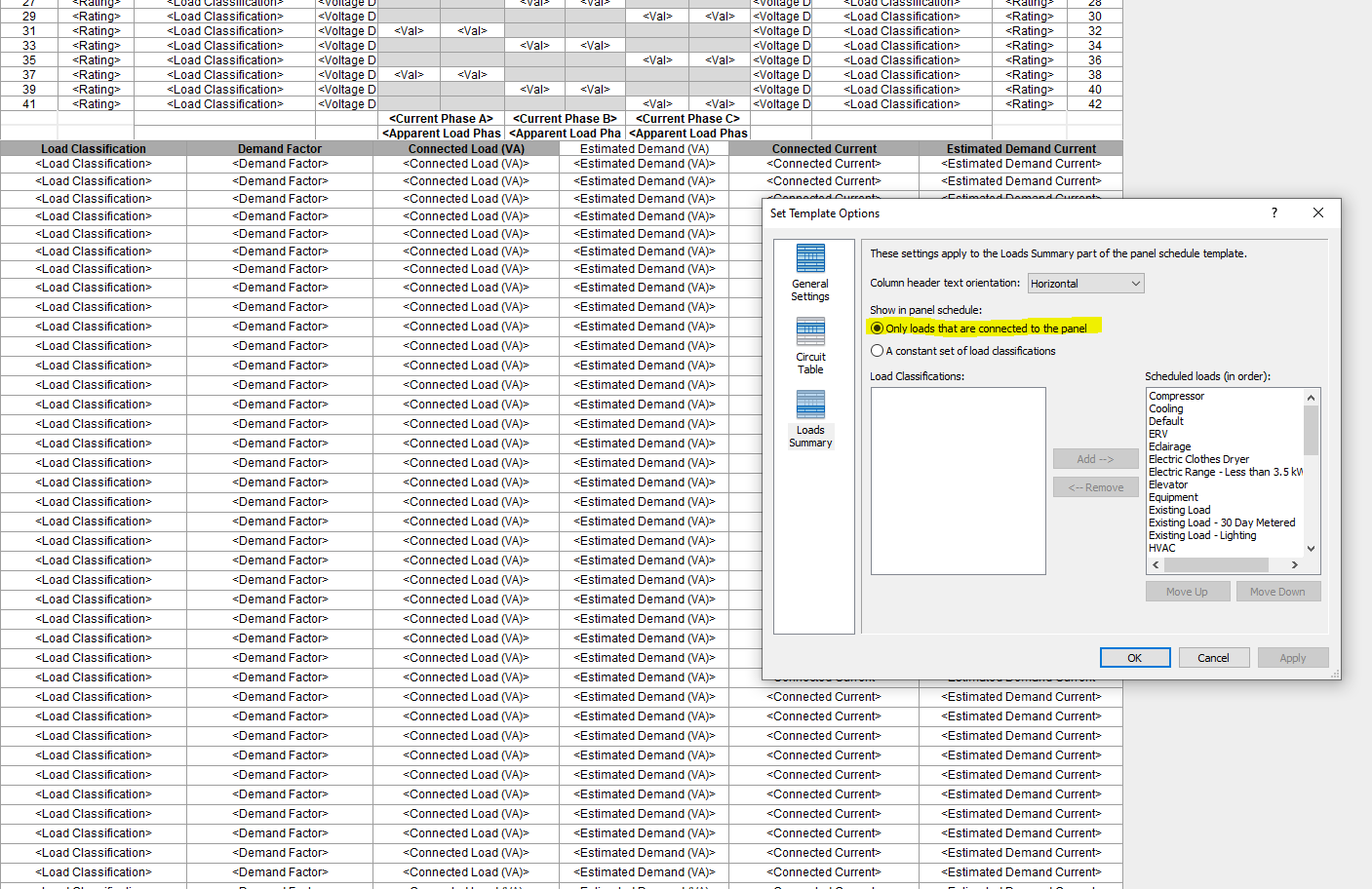 Panel schedule - Load summary automatic and some questions about classification and demand ...