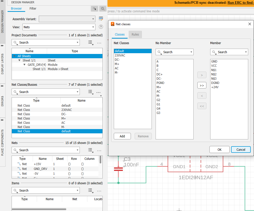 Schematic/PCB sync deactivated - Nets from Module has different net class in schematic and boad ...
