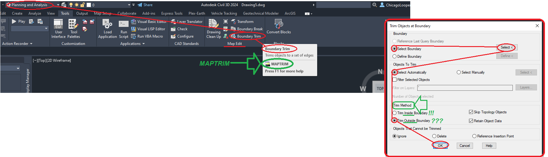 Specific problem with the maptrim command. Cant select automatically when I trim outside the ...