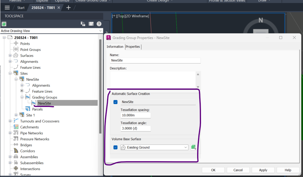 Why only certain grading attached to feature lines is automatically added to the surface as ...