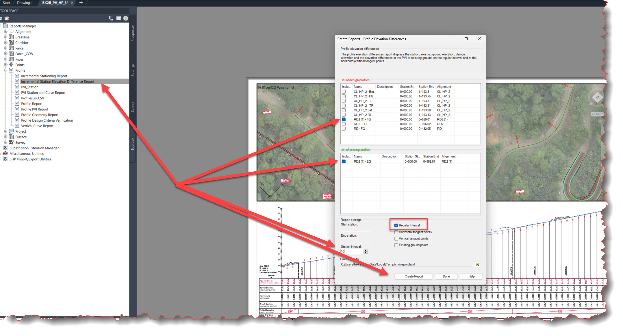 Alignment label showing {Profile1 Elevation Minus Profile2 Elevation ...