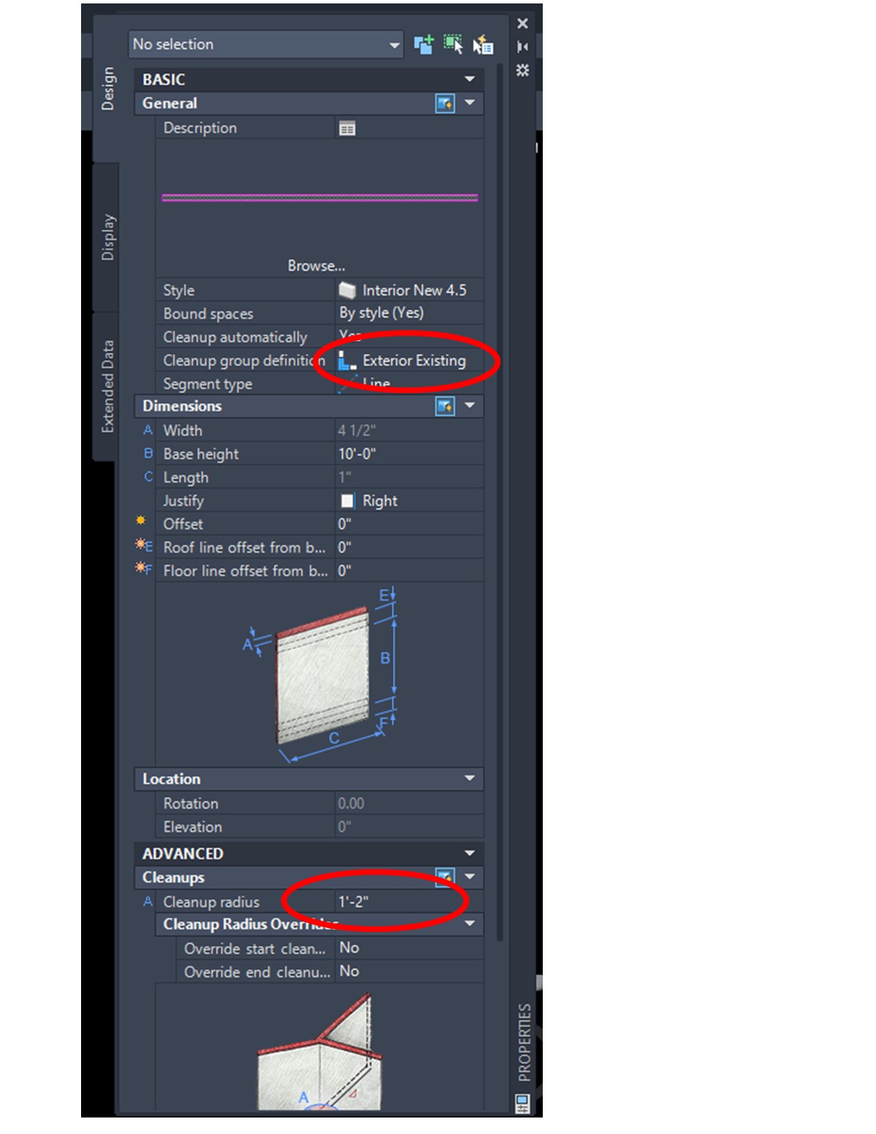 How to change the defult cleanup group and radius for differnet wall ...