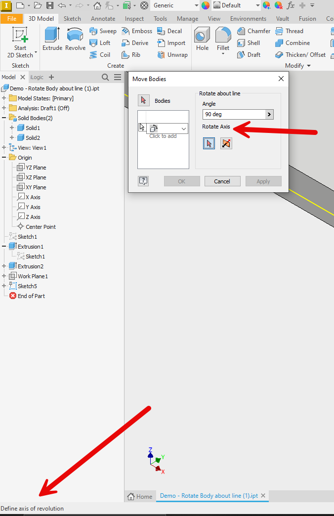 Unable to rotate body about line - Autodesk Community