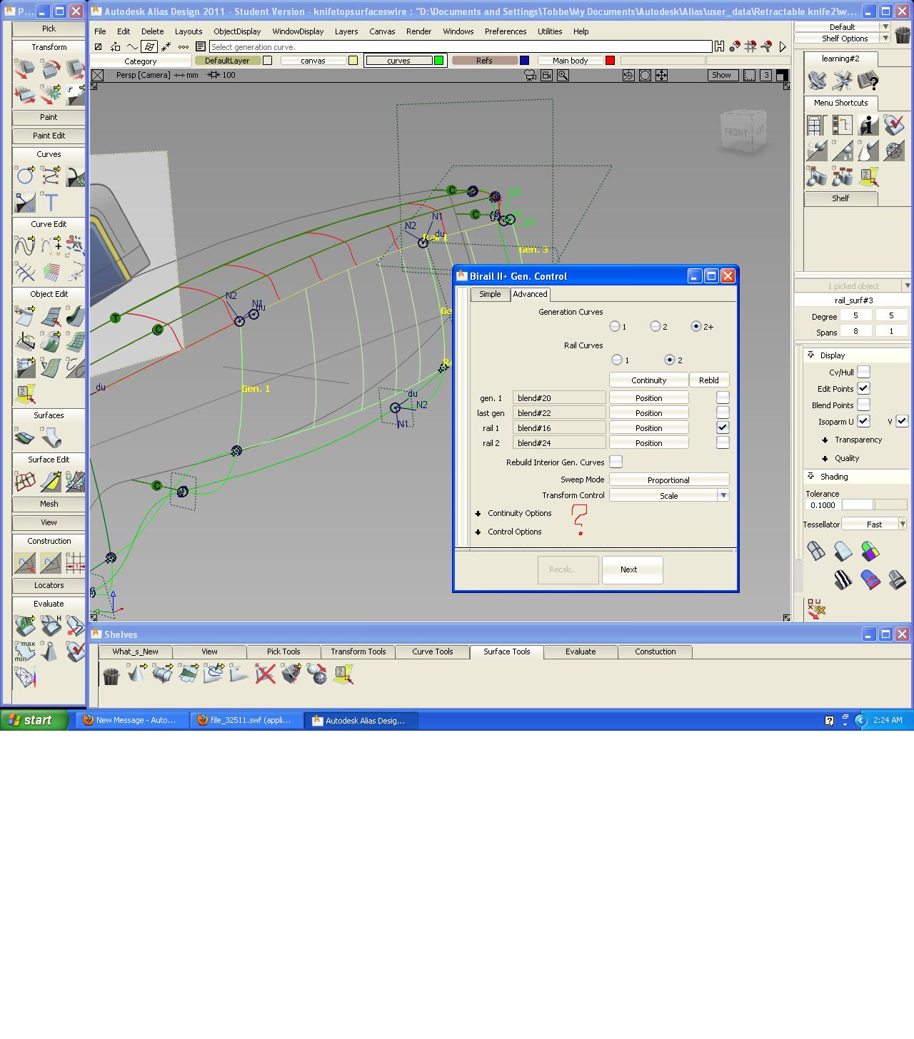 Where is the Explicit Control box in Alias Design 2011 (Rail surface ...