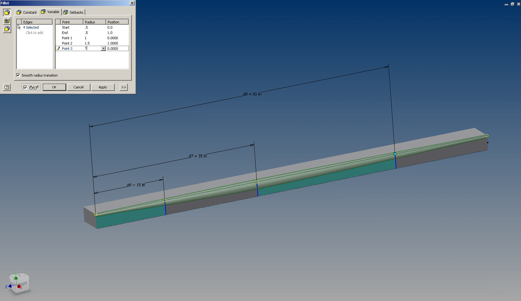 Solved: how can i create a variable fillet with distance?? - Autodesk Community