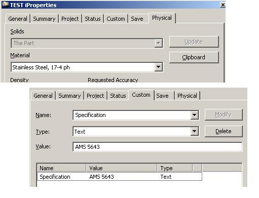 Solved: link iProperty>Physical>Material field to iProperty>Custom>Specification field ...