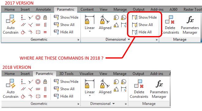 Solved: 2018 - missing commands in parametric ribbon dimension panel - Autodesk Community