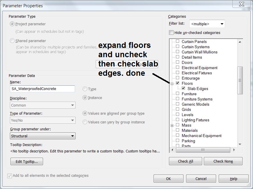 Solved: Project Parameter for Slab Edge does not show in properties dialog!!??? - Autodesk Community