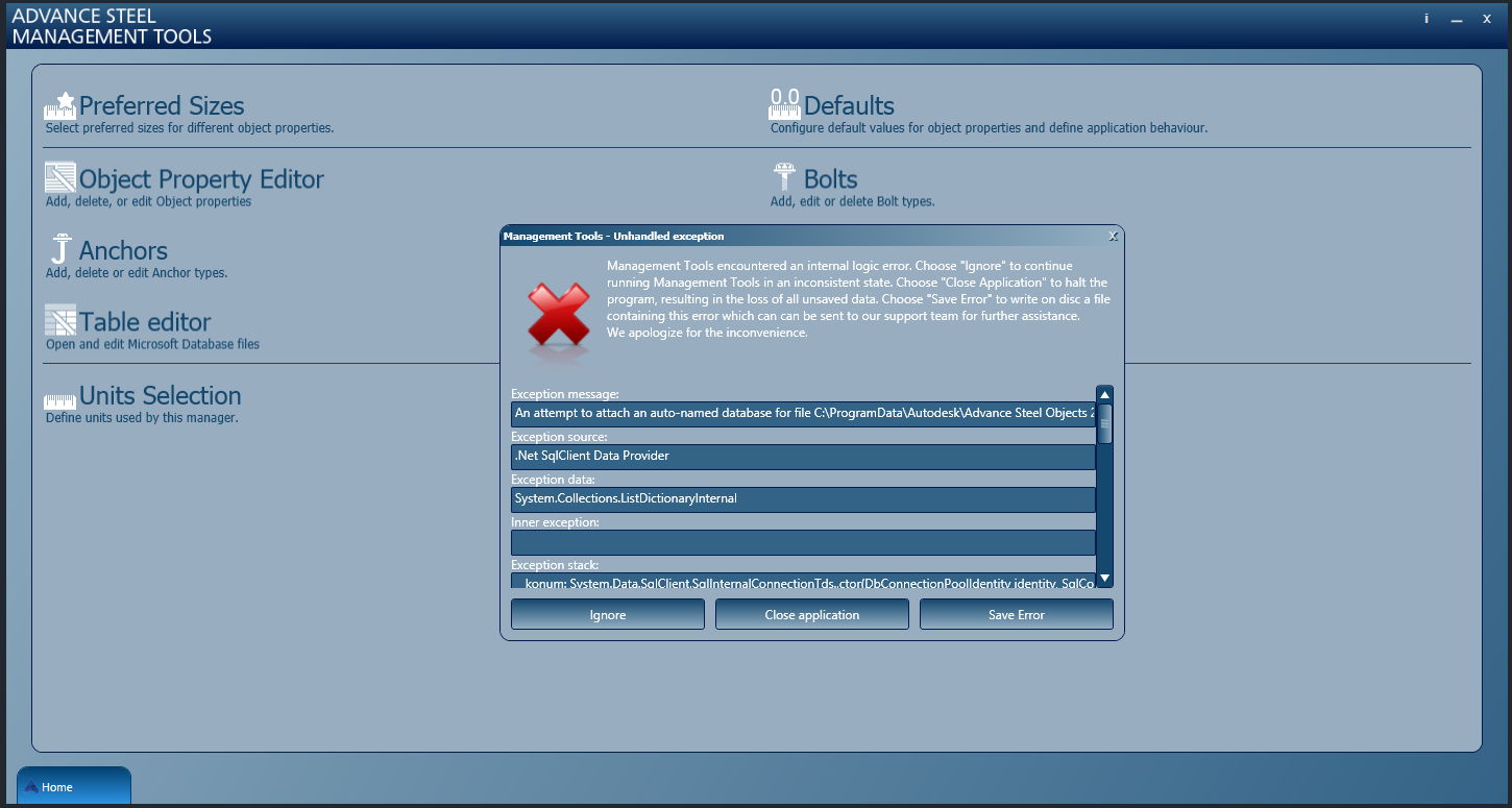 Management Tools Unhandled Exception - Autodesk Community