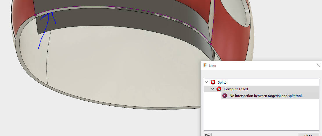 Solved: split body - no intersection between target(s) and split tool - Autodesk Community