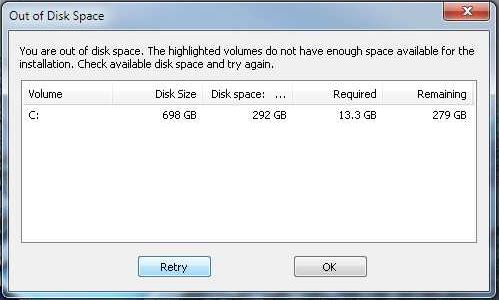 Solved: Out of disk space during installation to another disk drive ...