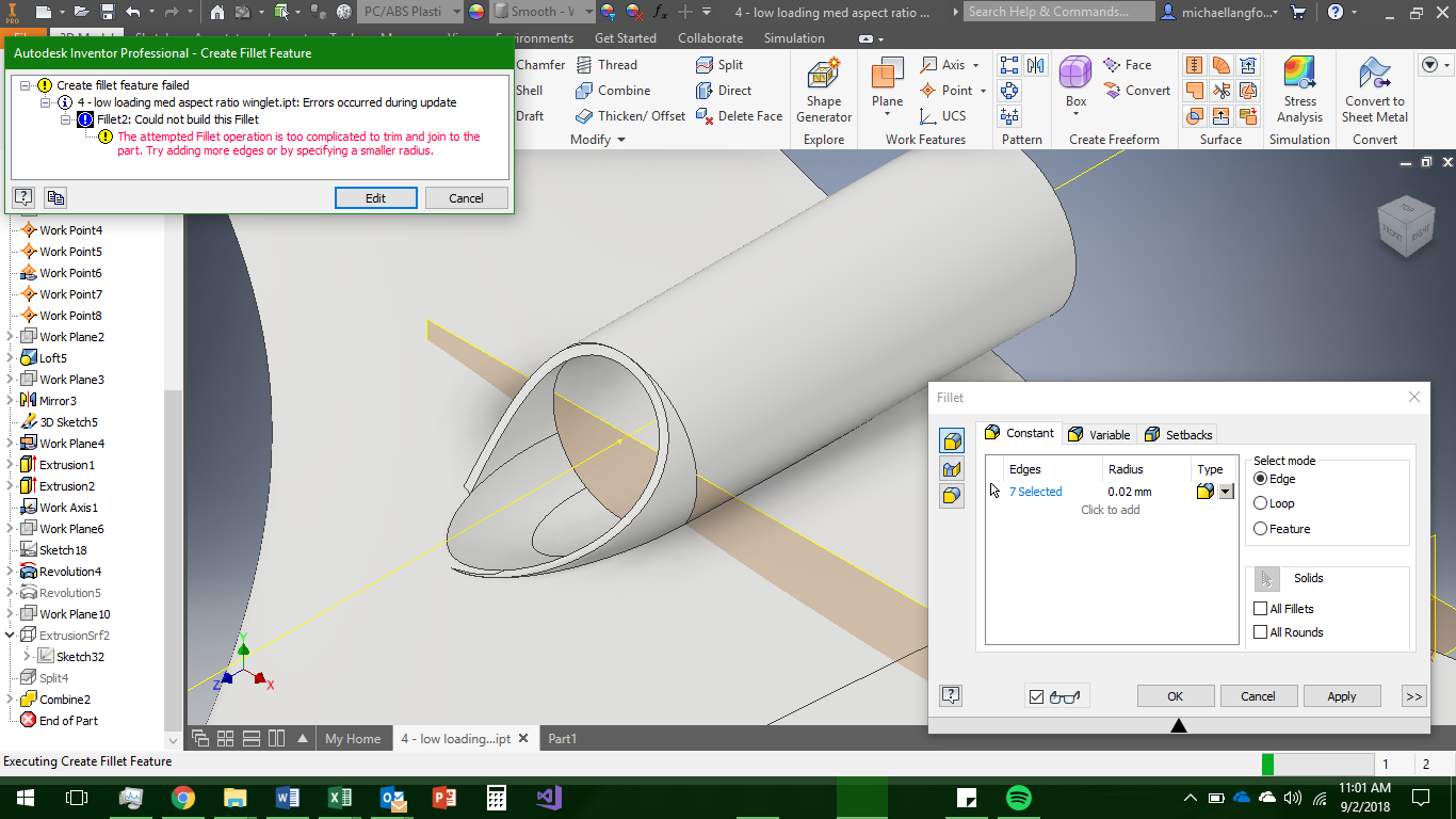 Solved: Can't fillet complex intersection of cylinder and airfoil - Autodesk Community