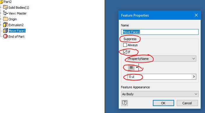 Solved: Yes or No on a Form to Suppress a feature - Autodesk Community