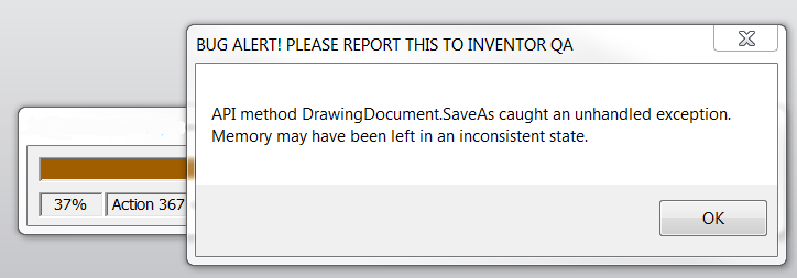 Unhandled Exception in API method DrawingDocument.SaveAs: Inconsistent Memory - Autodesk Community
