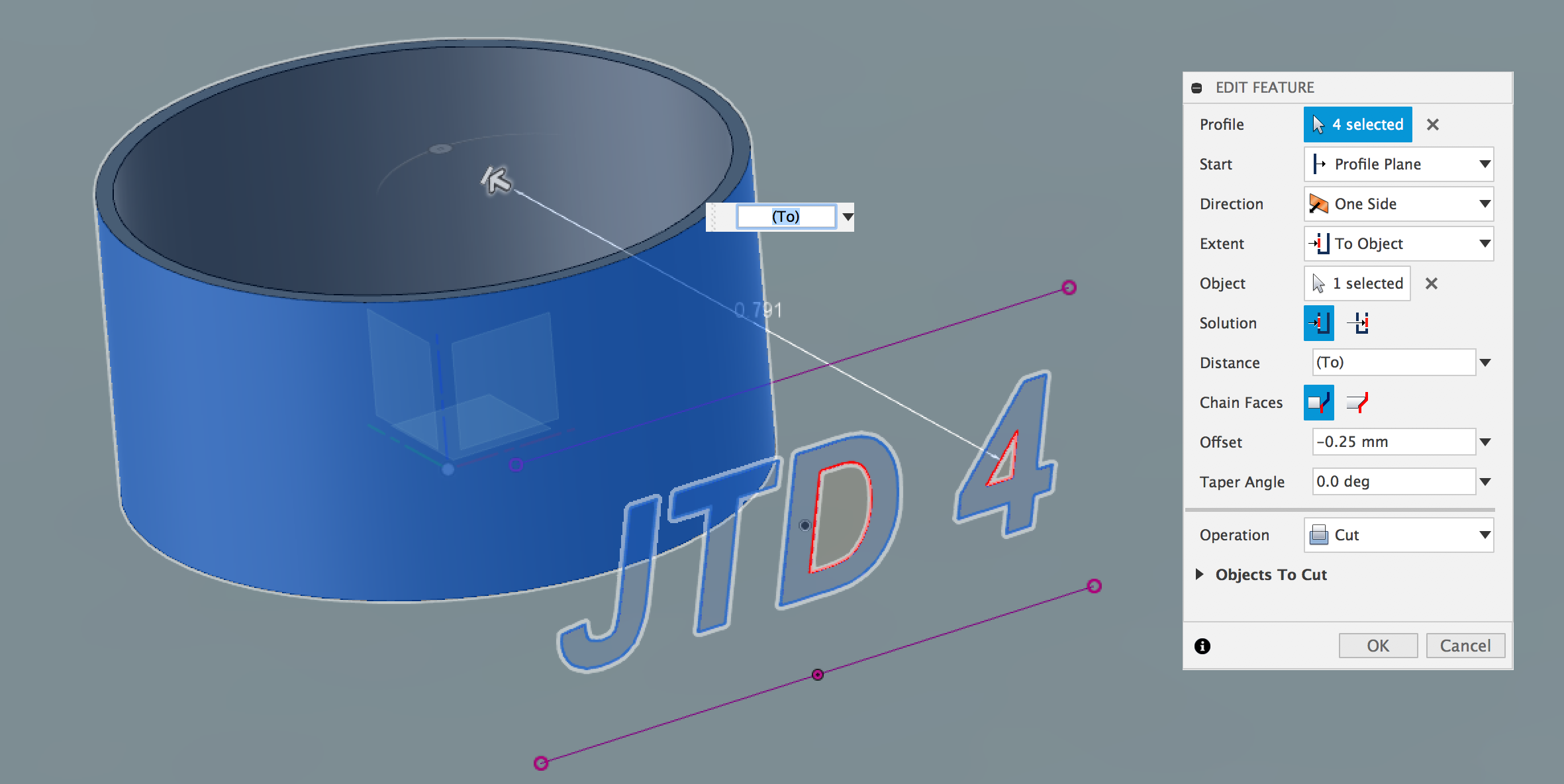 Extruding into cylinder after projecting text onto cylinder. - Autodesk ...