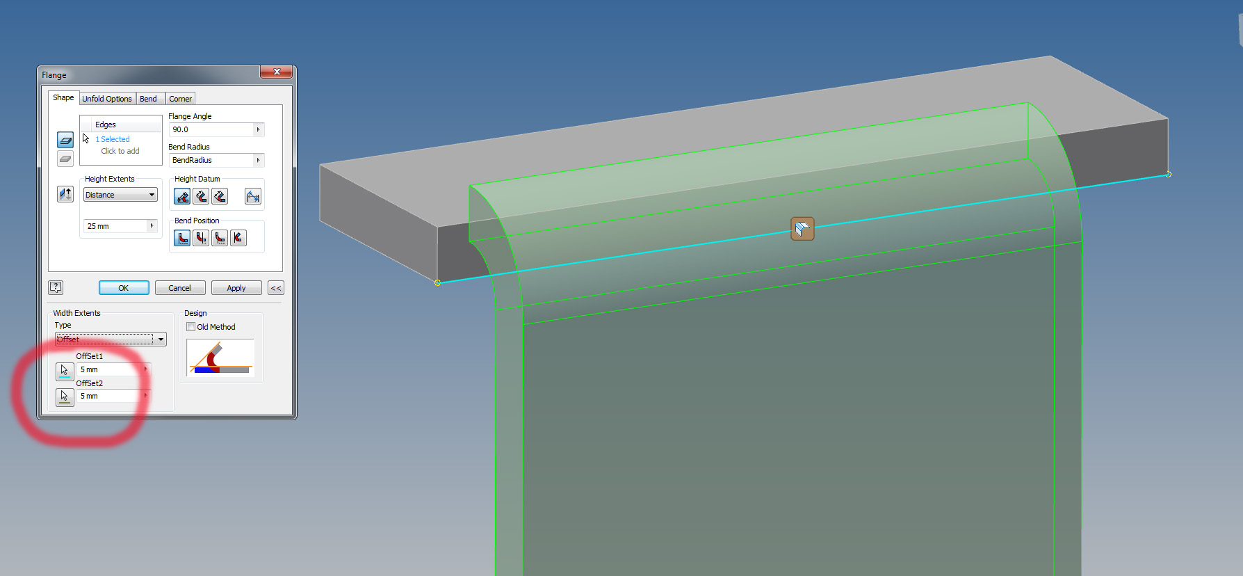 Flange > Width Extents > Offset > Apply colours to model for Offset1 ...
