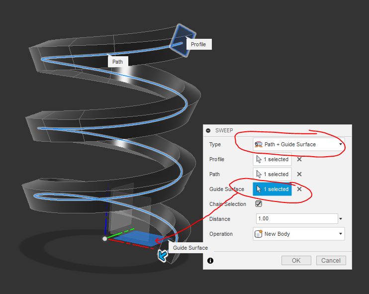 Solved: How can I perform Sweep on a Spiral path with a rectangular surface? - Autodesk Community