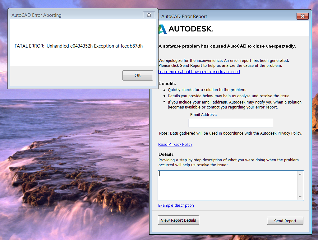 Fatal Error: unhanded e0434352h Exception at fcbeb87dh - Autodesk Community