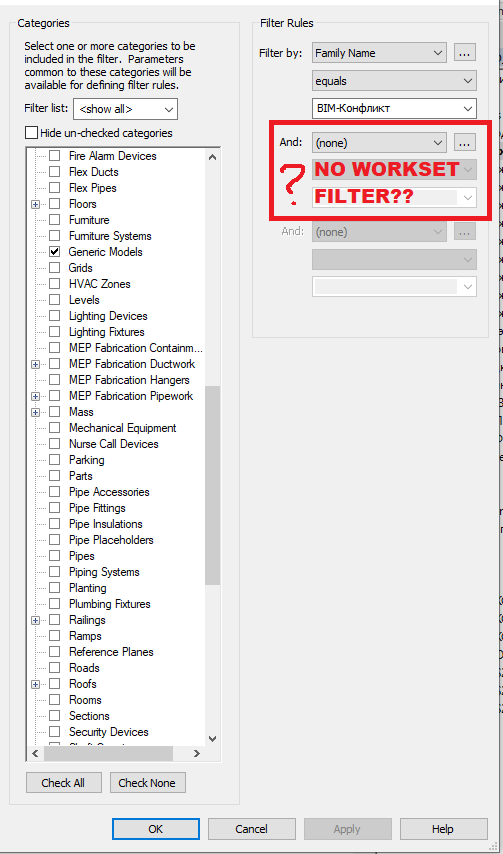 Solved: Can't correctly create a View Filter by Family Name and Workset - Autodesk Community