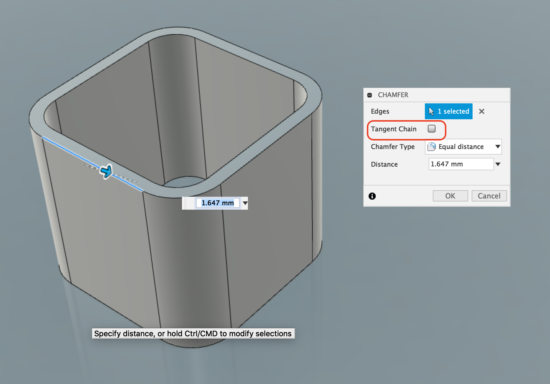 Solved: Creating a fillet / chamfer on one edge of a square tube ...