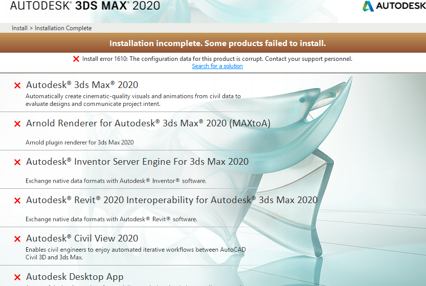 Incomplete installation with 3DS Max 2020 - Autodesk Community